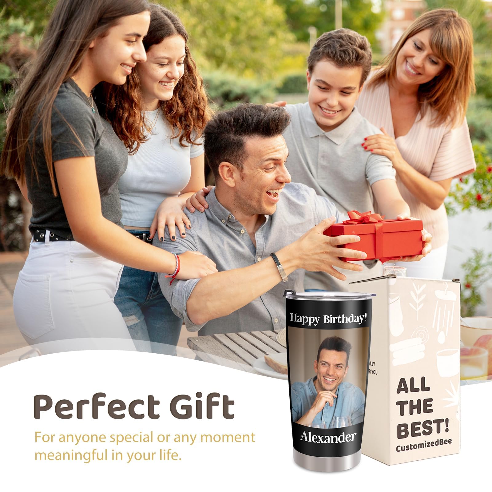 Customizedbee Custom Tumbler Personalized with Picture Name Text & Logo, 20oz Stainless Steel Travel Coffee Mug Cup - Personalized Gifts for Birthday Anniversary Couples Friends Families Office
