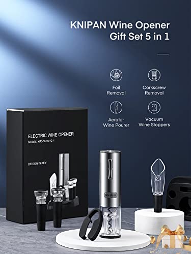 KNIPAN Electric Wine Opener 5-IN-1, Automatic Wine Bottle Openers with Foil Cutter, Wine Aerator Pourer, Vacuum Stopper, Rechargeable Electronic Corkscrew Wine Opener Kit