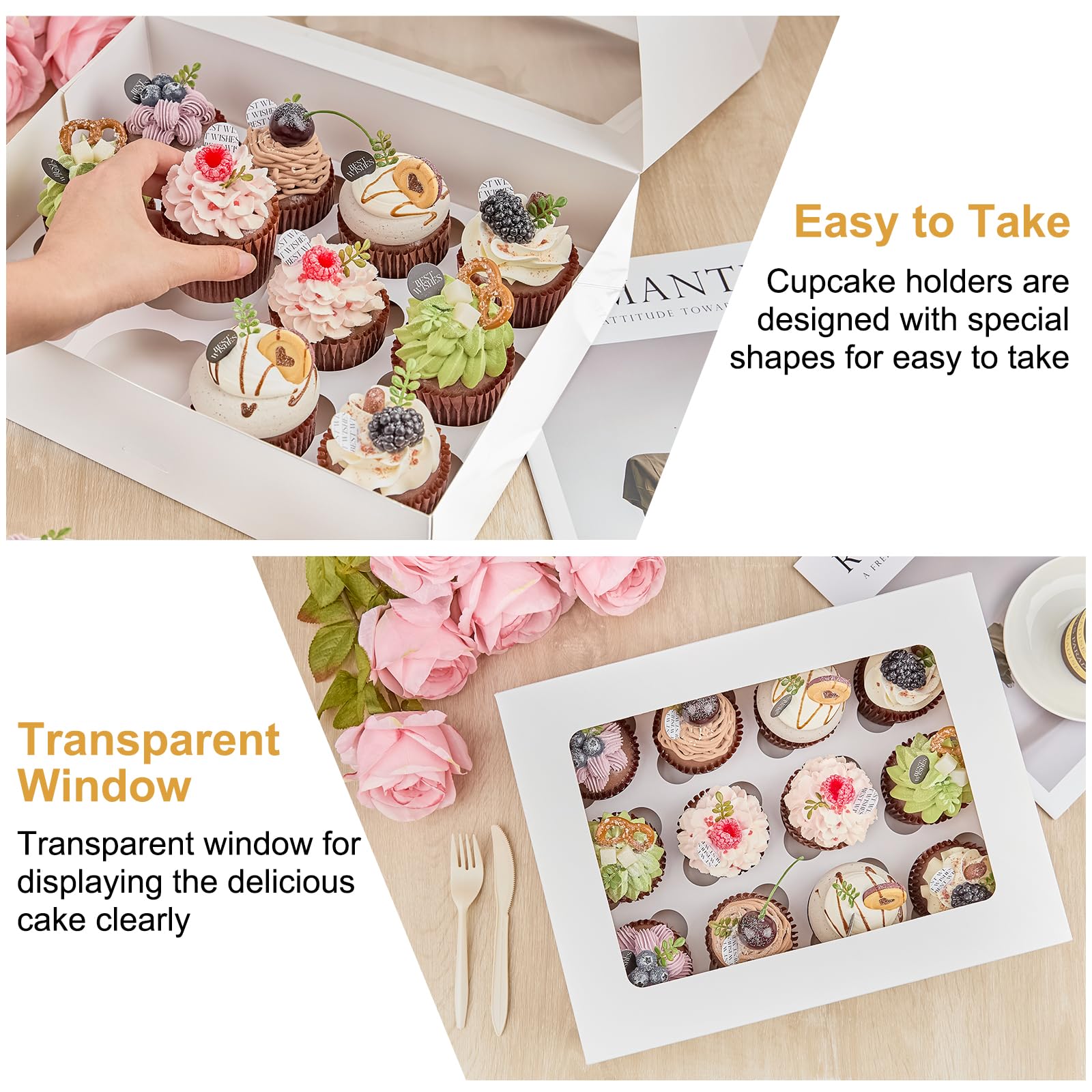Kucoele 12 Count Cupcake Boxes, 6 Pack White Cupcake Containers with Windows and Inserts, Disposable Cupcake Carriers for Muffins, Treats, Pastries, 13 x 10 x 4 Inches