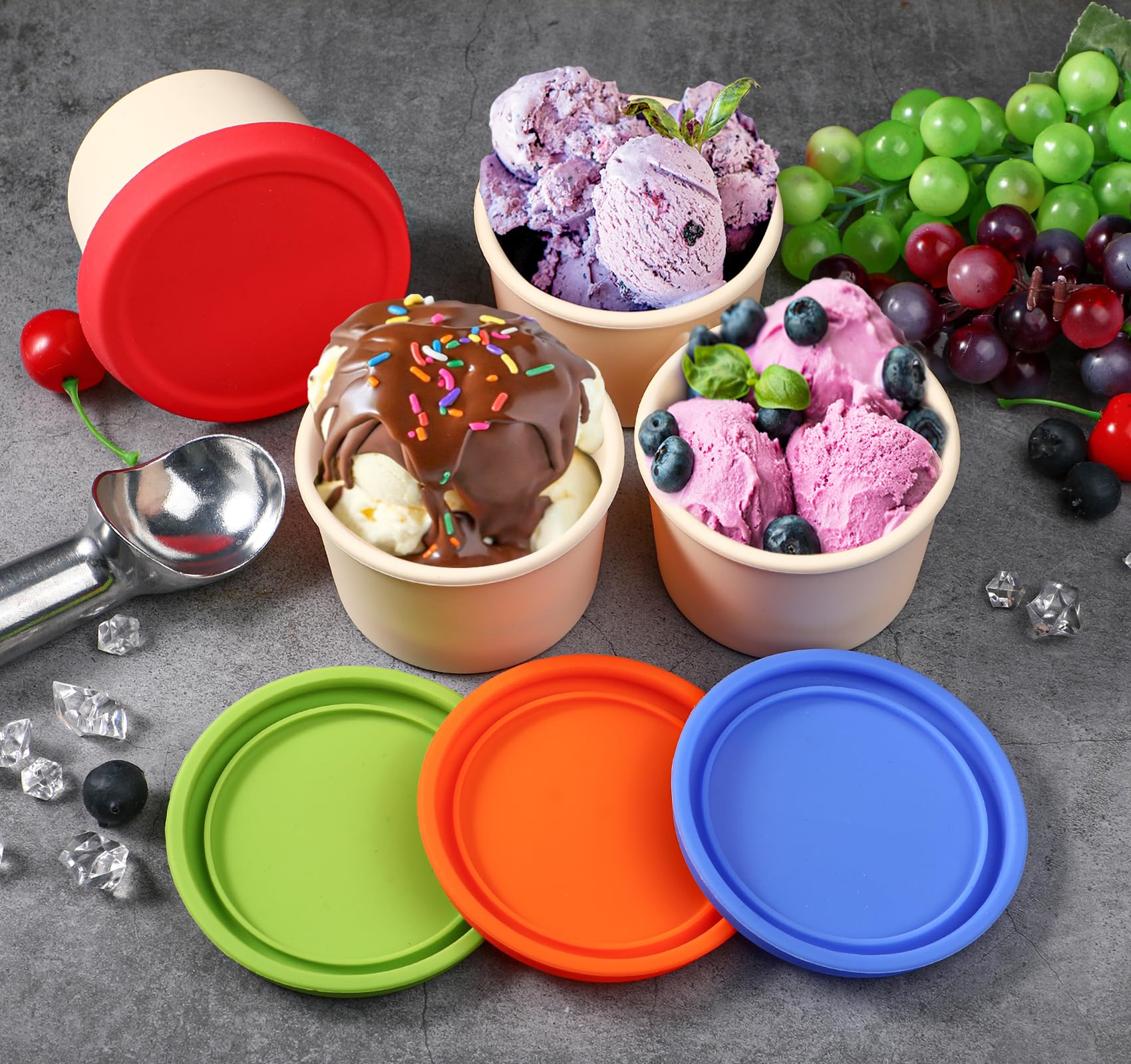 Webake Silicone Ice Cream Containers with Lids, 8oz Homemade Ice Cream Cups Reusable Freezer Storage Containers, Set of 4
