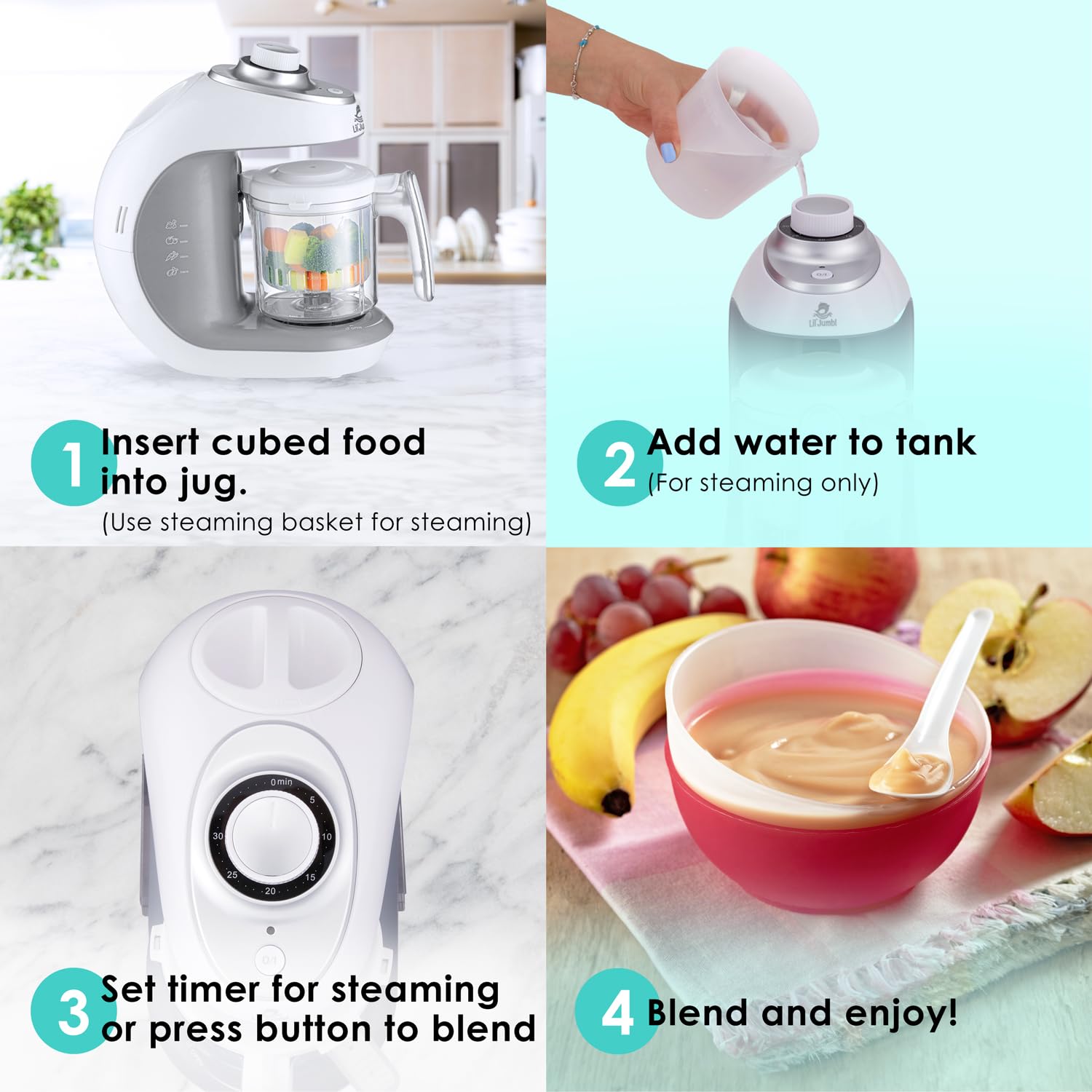 Lil’ Jumbl Baby Food Maker - 2-in-1 Steamer & Puree Blender with Timer, One-Press Processor & Auto Shutoff - Cook & Steam Fruits, Veggies & Other Healthy Homemade Infant & Toddler Meals in Minutes