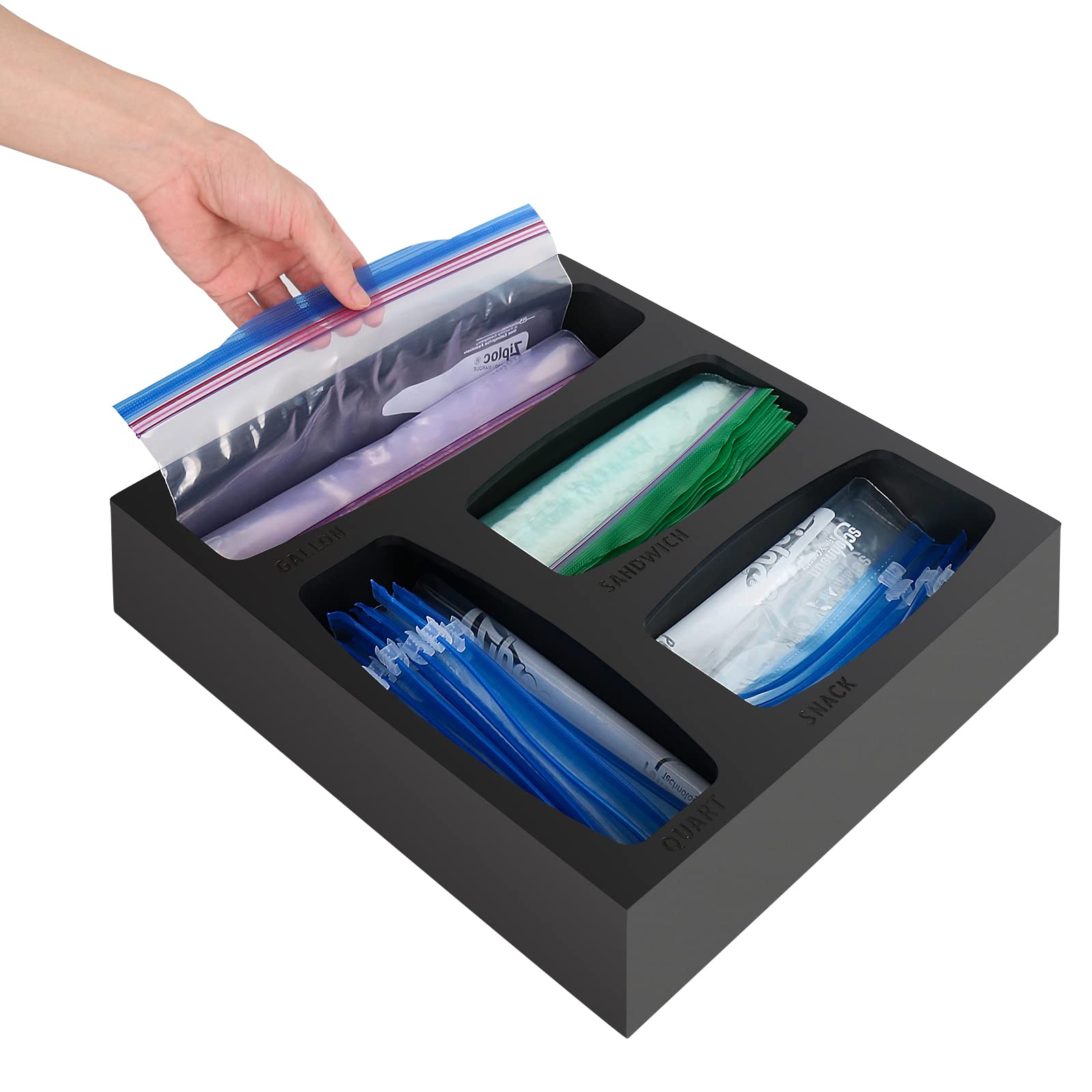 Ziplock Bag Storage Organizer - Bamboo Baggie Organizer for Kitchen Drawer - Black Kitchen Drawer Organizer - Compatible with Gallon, Quart Slider, Sandwich & Snack Variety Size Bags