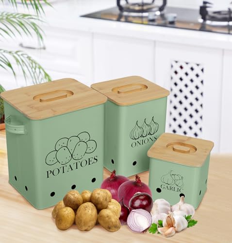 Xbopetda Potato Onion Garlic storage, Canister Sets for Kitchen Counter, Storage Set for Potato Onion Garlic, Kitchen Storage Bin Jars Pots with Aerating Tin Storage Holes & Wooden Lid - Green