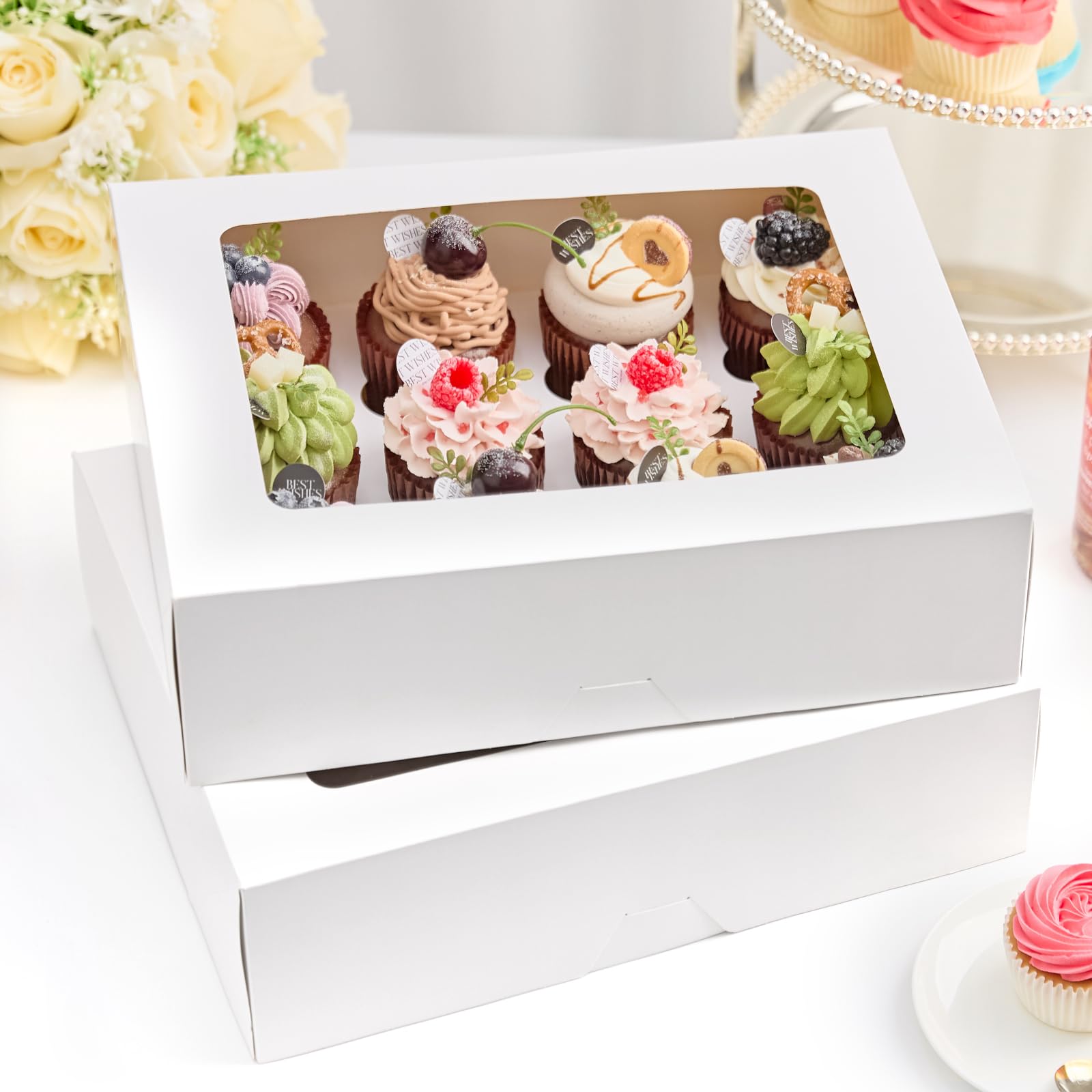 Kucoele 12 Count Cupcake Boxes, 6 Pack White Cupcake Containers with Windows and Inserts, Disposable Cupcake Carriers for Muffins, Treats, Pastries, 13 x 10 x 4 Inches
