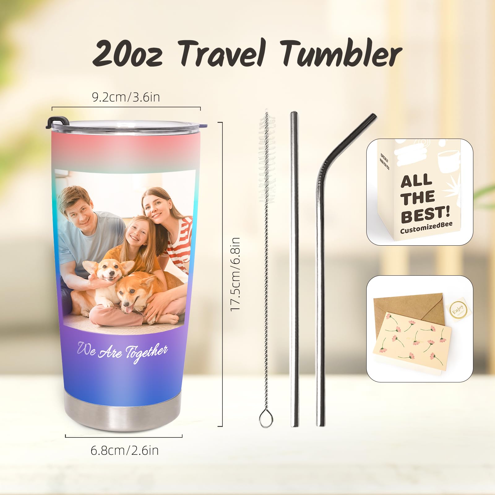 Customizedbee Custom Tumbler Personalized with Picture Name Text & Logo, 20oz Stainless Steel Travel Coffee Mug Cup - Personalized Gifts for Birthday Anniversary Couples Friends Families Office