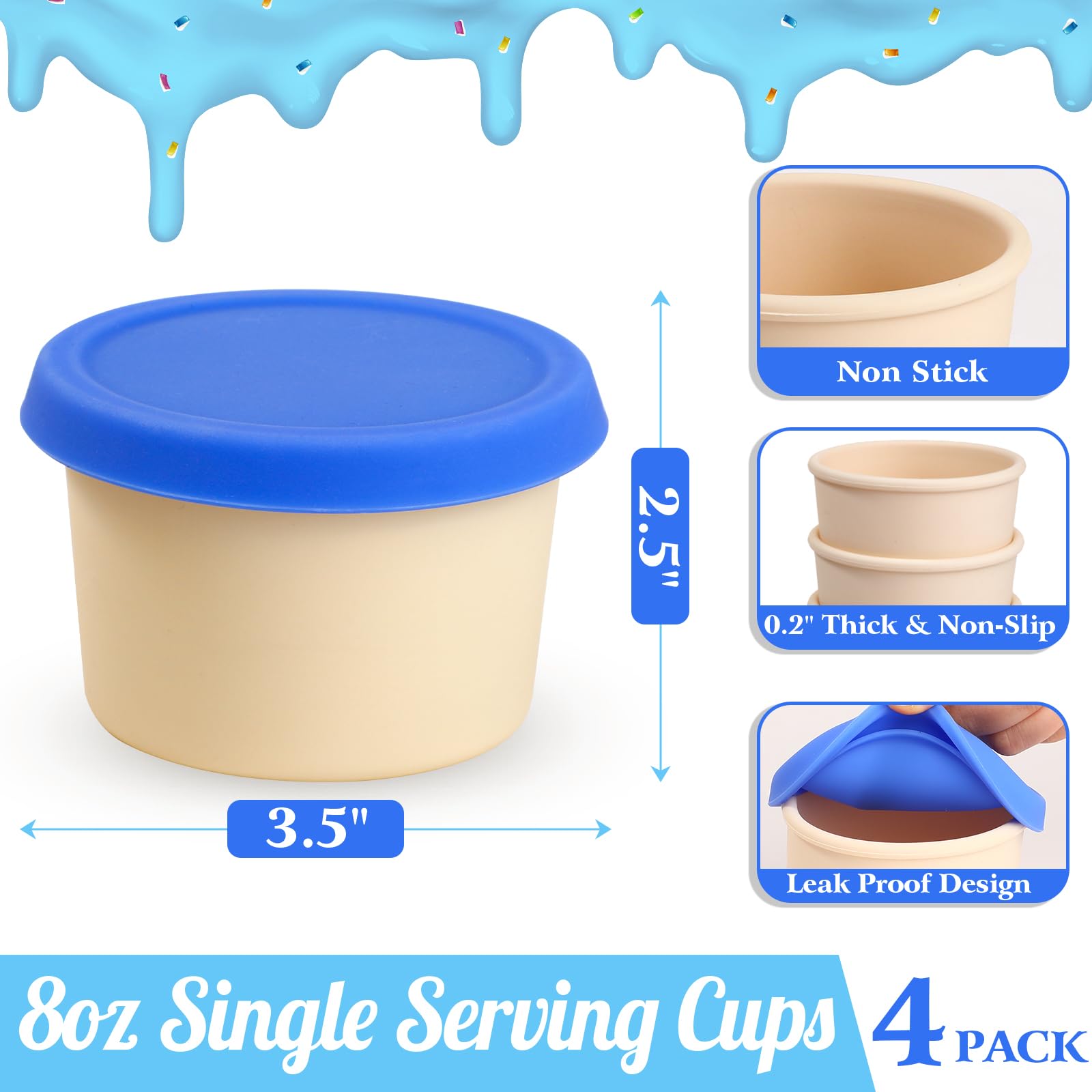 Webake Silicone Ice Cream Containers with Lids, 8oz Homemade Ice Cream Cups Reusable Freezer Storage Containers, Set of 4