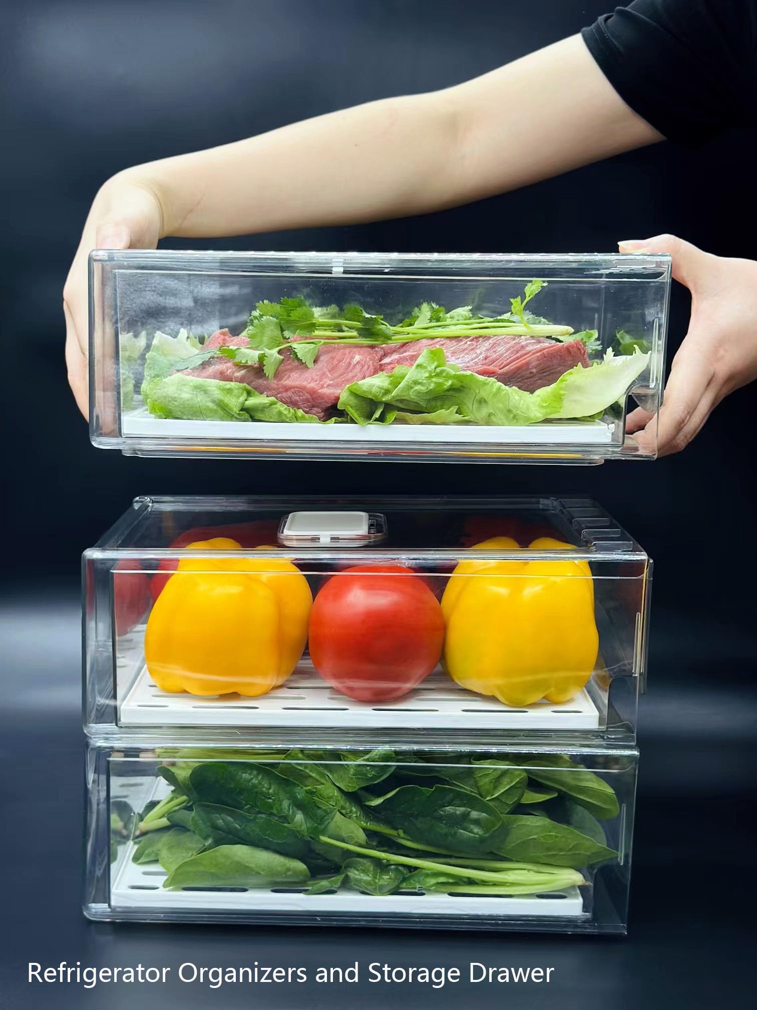 Femoliyes Refrigerator Organizers and Storage Drawer, Stackable Fruit Storage Containers for Fridge, Reusable Fridge Organizer fit for Kitchen Refrigerator and Restaurant Freezer (2 Drawers, Large)