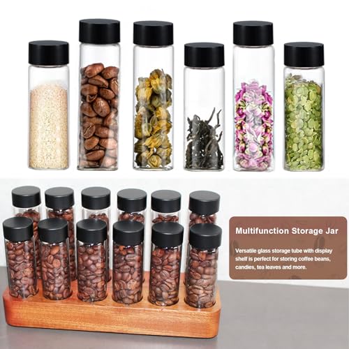Single Dose Coffee Bean Storage Tubes - 12pcs Coffee Beans Container,Coffee Vials dosing container,glass espresso container with Wood Display Stand and Funnel(Tube1)