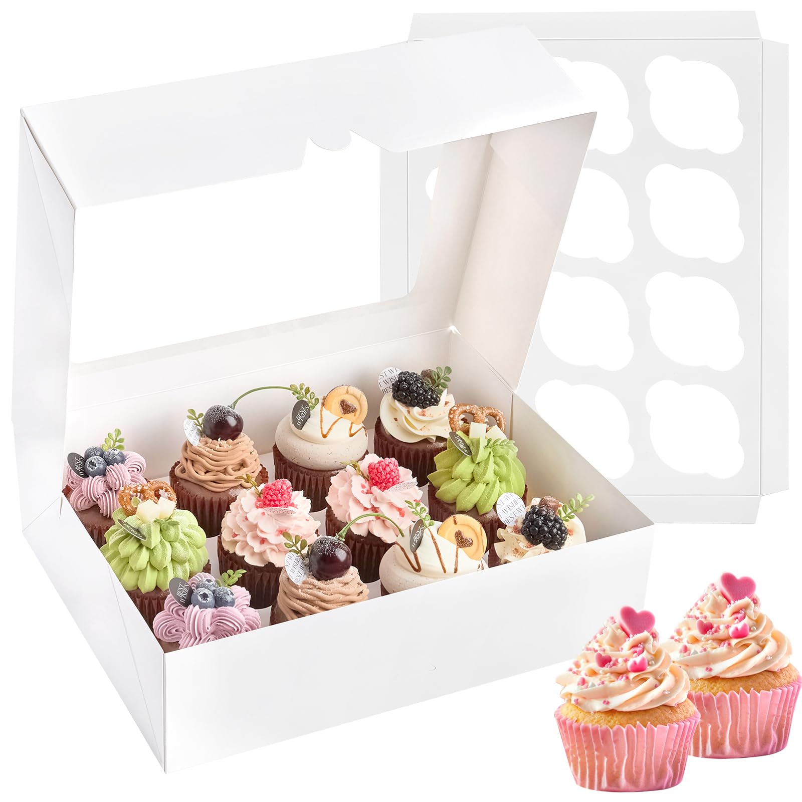 Kucoele 12 Count Cupcake Boxes, 6 Pack White Cupcake Containers with Windows and Inserts, Disposable Cupcake Carriers for Muffins, Treats, Pastries, 13 x 10 x 4 Inches