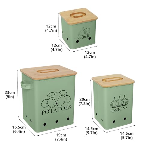 Xbopetda Potato Onion Garlic storage, Canister Sets for Kitchen Counter, Storage Set for Potato Onion Garlic, Kitchen Storage Bin Jars Pots with Aerating Tin Storage Holes & Wooden Lid - Green