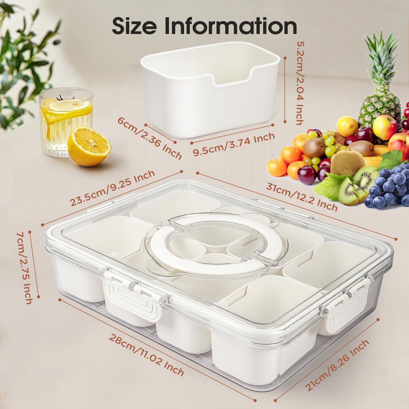 2 Pack Snack Box Containers with Lid and Handle, 8-Compartment Divided Serving Tray for Kids and Adults, Portable Snackle Box for Veggies, Fruit, and Snacks, Perfect for Travel, Camping, and Picnic