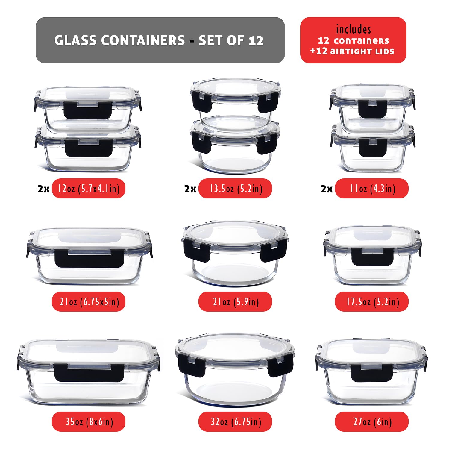 Nestl 24pc (12 Airtight, Freezer Safe Food Storage Containers and 12 Lids), Pantry Kitchen Storage Containers, Glass Meal Prep Container for Lunch, Glass Storage Containers with Lids Black