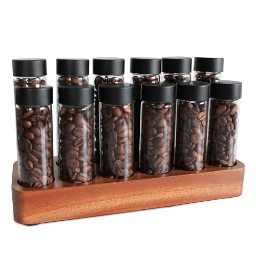 Single Dose Coffee Bean Storage Tubes - 12pcs Coffee Beans Container,Coffee Vials dosing container,glass espresso container with Wood Display Stand and Funnel(Tube1)