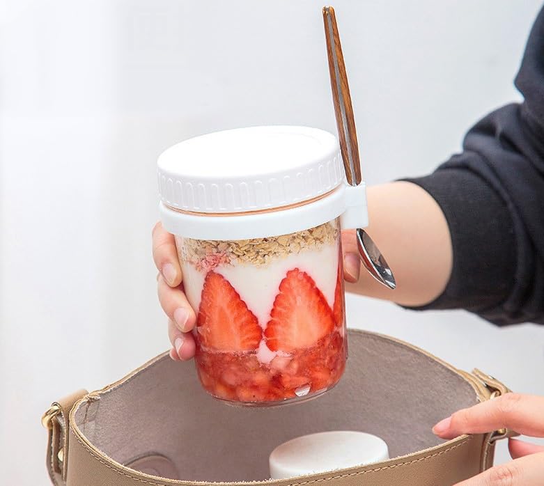 Melanaille 2 Pack Overnight Oats Containers with Lids and Spoons,16 oz Glass Mason Overnight Oats Jars,Reusable portable plastic food storage container for oatmeal, yogurt, soup, grains, milk, etc