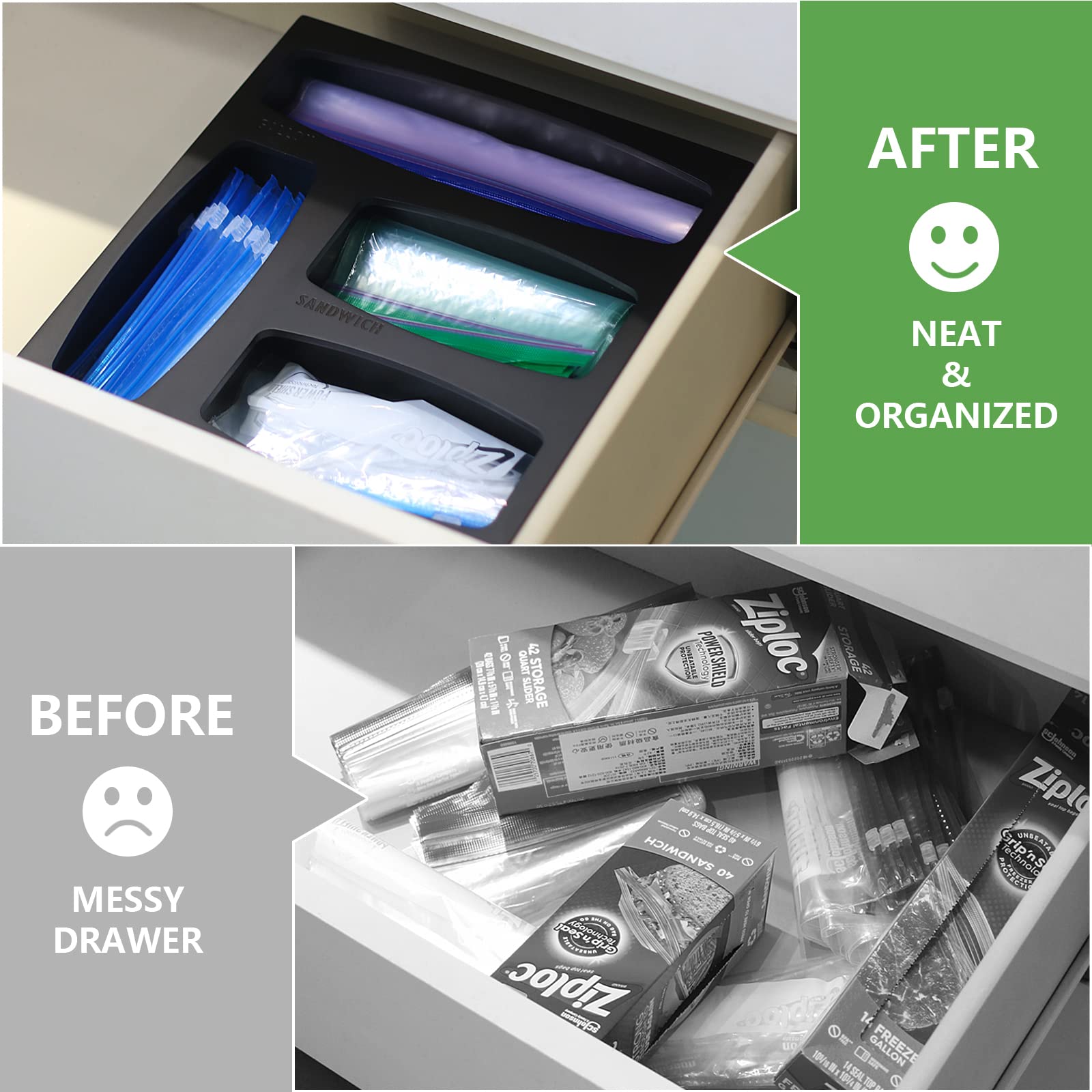 Ziplock Bag Storage Organizer - Bamboo Baggie Organizer for Kitchen Drawer - Black Kitchen Drawer Organizer - Compatible with Gallon, Quart Slider, Sandwich & Snack Variety Size Bags