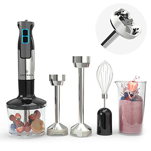 ChefWave Intermix Immersion Blender Handheld, 500W 5-in-1 Multi-Purpose Hand Blender, 9-Speed Stick Blender, 20oz Beaker, 20oz Chopper, Egg Whisk, 6.3in & 8.5in Immersion Wands, Black