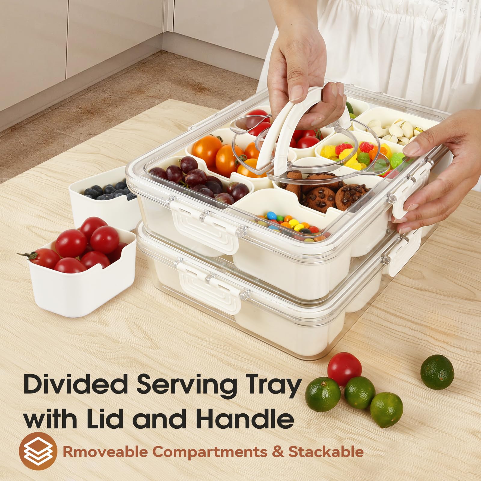 2 Pack Snack Box Containers with Lid and Handle, 8-Compartment Divided Serving Tray for Kids and Adults, Portable Snackle Box for Veggies, Fruit, and Snacks, Perfect for Travel, Camping, and Picnic