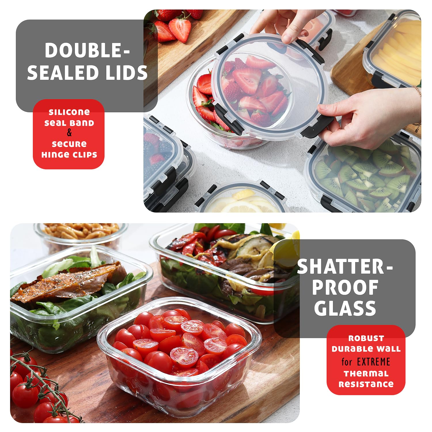 Nestl 24pc (12 Airtight, Freezer Safe Food Storage Containers and 12 Lids), Pantry Kitchen Storage Containers, Glass Meal Prep Container for Lunch, Glass Storage Containers with Lids Black