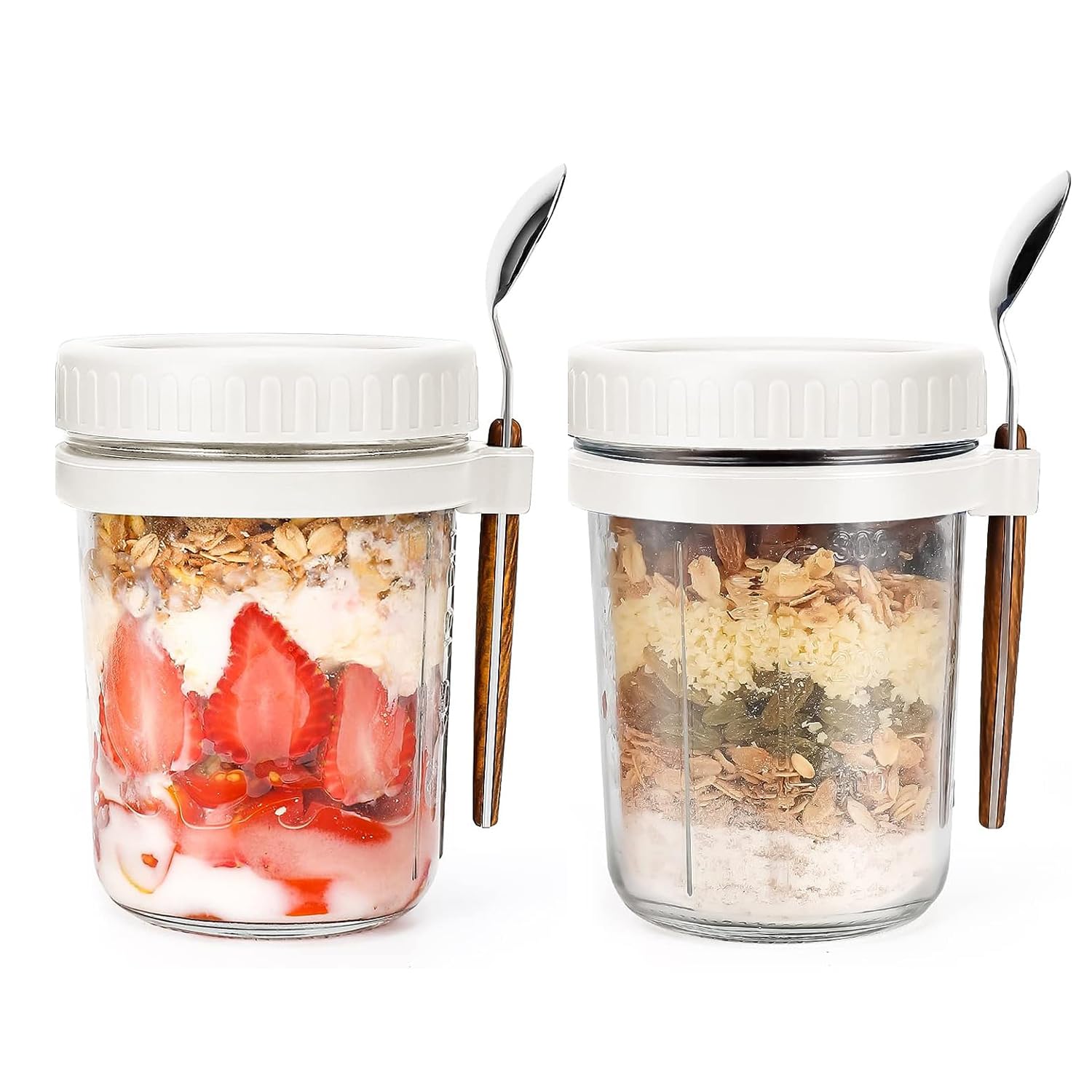 Melanaille 2 Pack Overnight Oats Containers with Lids and Spoons,16 oz Glass Mason Overnight Oats Jars,Reusable portable plastic food storage container for oatmeal, yogurt, soup, grains, milk, etc