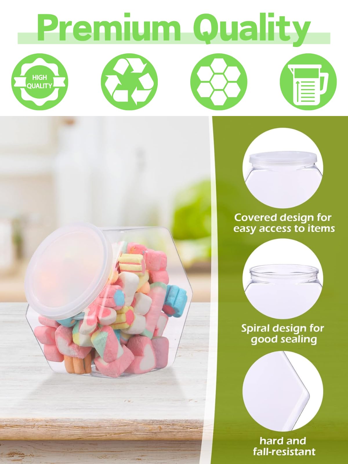 Glazeal 4pcs Large Candy Jar with Spoons, 72 OZ Hexagon Candy Jar Plastic Clear Cookie Jar with Lid for Candy Buffet, Kitchen Storage Containers Set