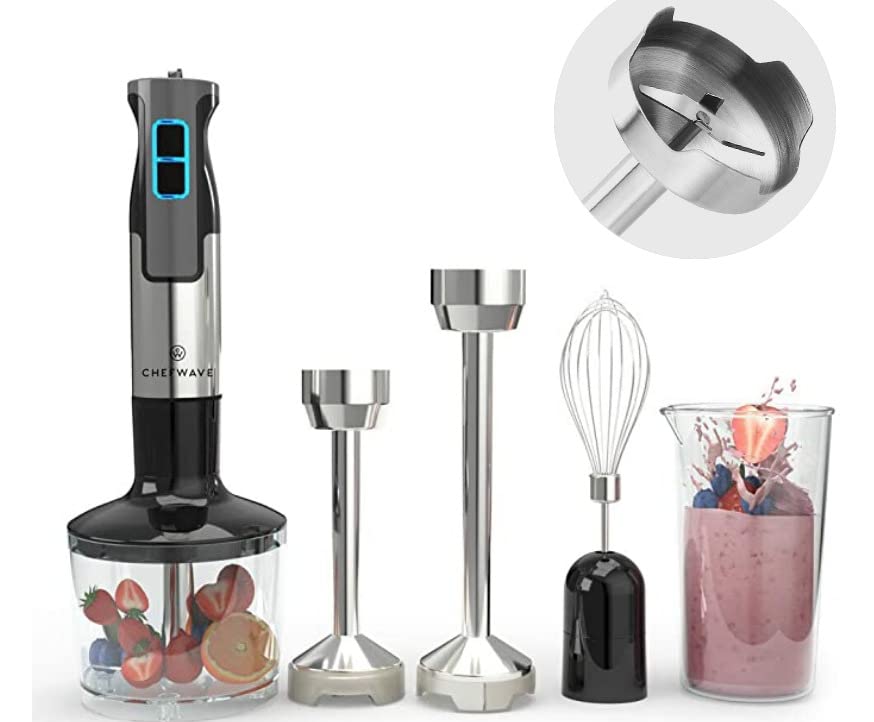 ChefWave Intermix Immersion Blender Handheld, 500W 5-in-1 Multi-Purpose Hand Blender, 9-Speed Stick Blender, 20oz Beaker, 20oz Chopper, Egg Whisk, 6.3in & 8.5in Immersion Wands, Black