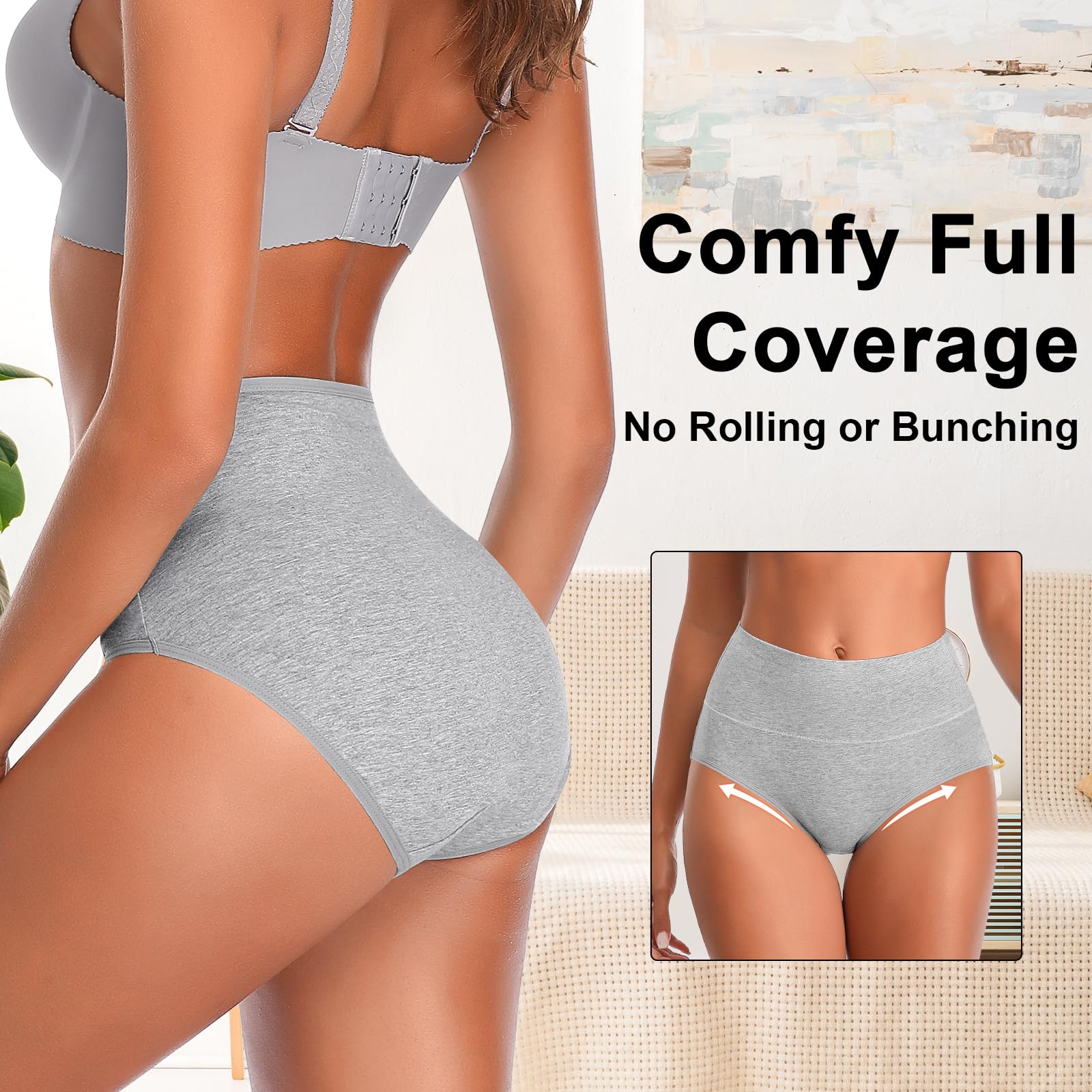 Annenmy Women's High Waist Underwear Cotton Stretch Briefs Full Coverage Underwear Soft Breathable Ladies Panties 5 Pack XL Multicolor