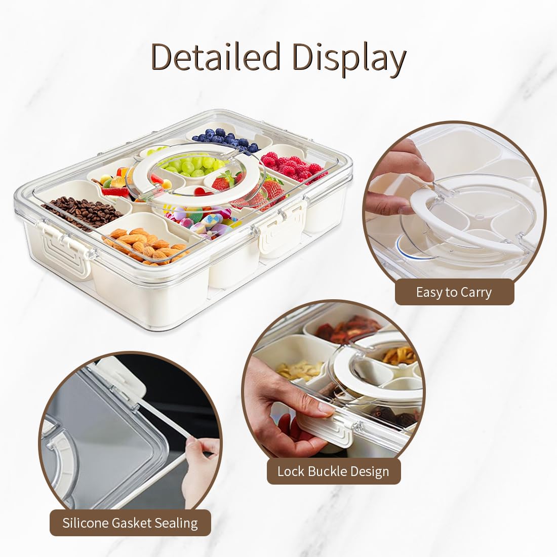 Olavon Clear Snackle Box Container with Lid and Handle - 8 Compartments Divided Serving Tray, Portable Snack Charcuterie Organizer, Snackable Box Platters for Candy, Fruits, Snacks