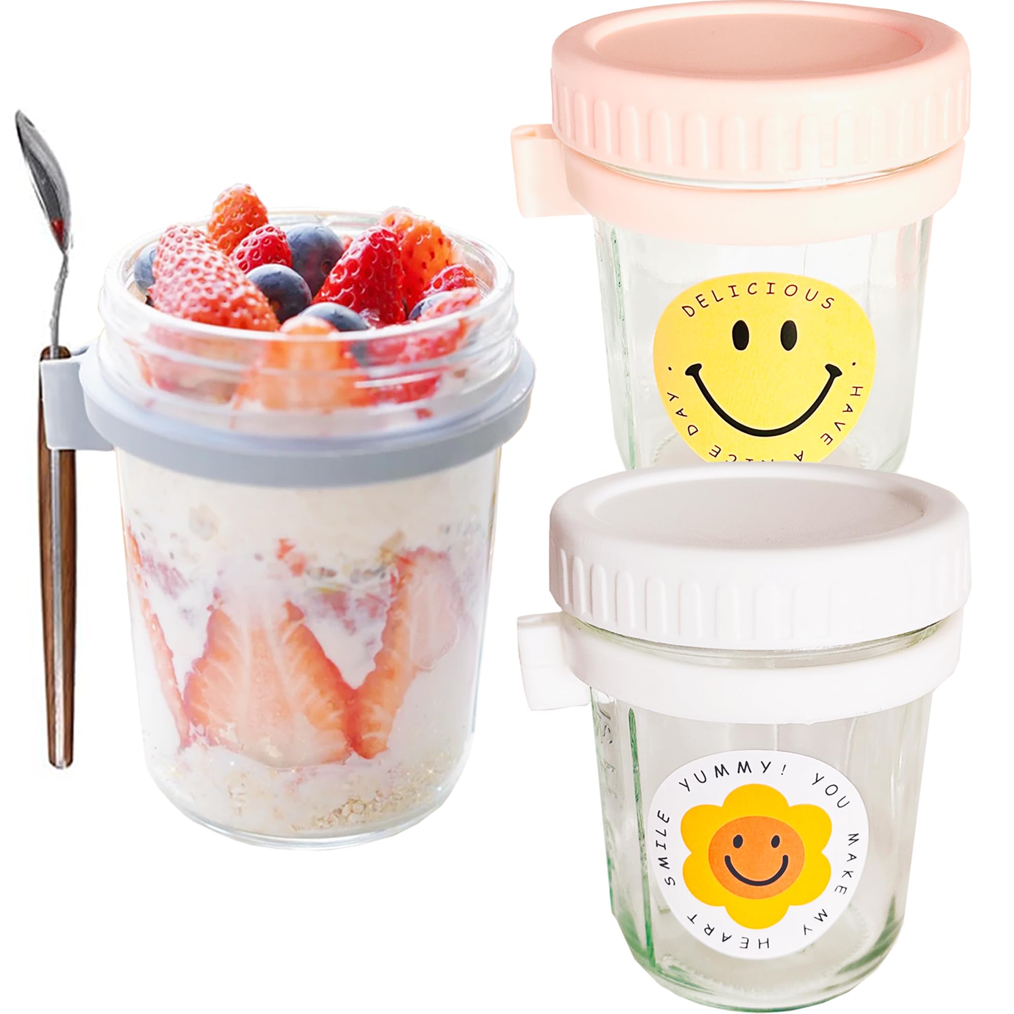 Melanaille 2 Pack Overnight Oats Containers with Lids and Spoons,16 oz Glass Mason Overnight Oats Jars,Reusable portable plastic food storage container for oatmeal, yogurt, soup, grains, milk, etc