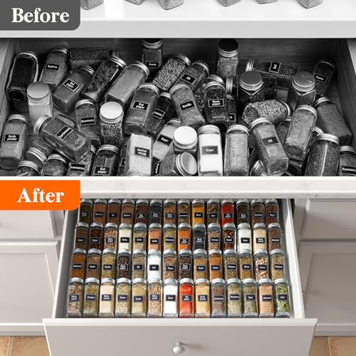 Lifewit Plastic Adjustable Spice Drawer Organizer, Expandable Spice Rack for Countertop, Jar Storage Tray for Condiment, Seasoning, Syrup,Liquor, Medicine for Kitchen, Pantry, Set of 8, Clear