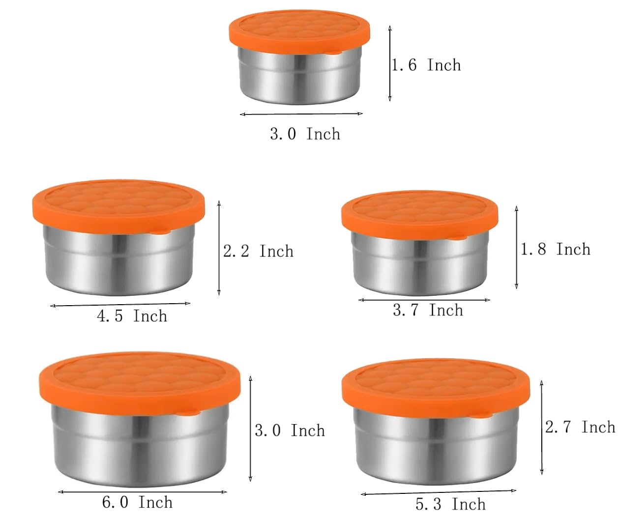 Stainless Steel Containers w/Lids, Set of 5 (3oz, 6oz, 12oz, 20oz, 30oz), Leak-proof Food Storage, Nesting Snack Organizer, Reusable Airtight Lunch Bento Box