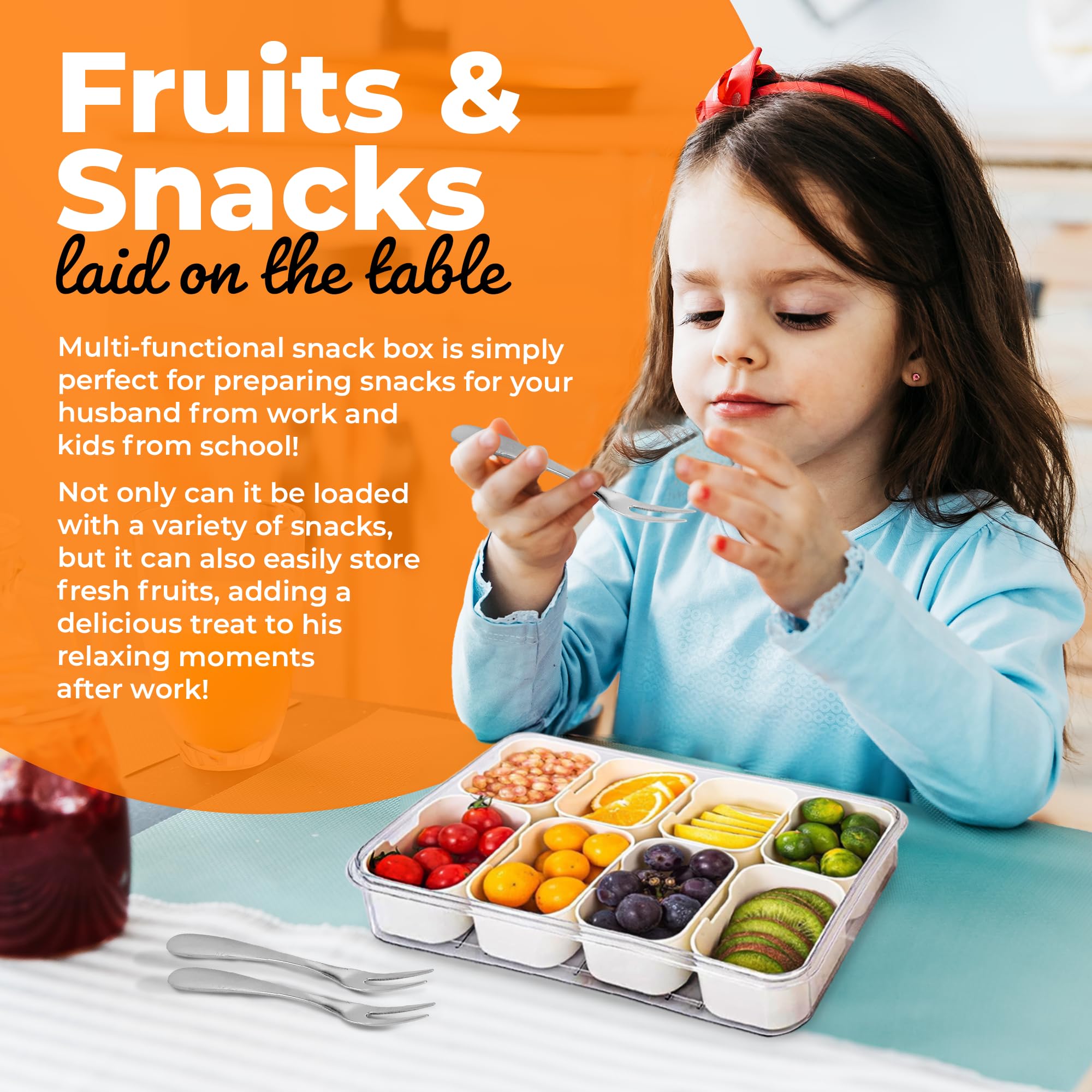 Divided Serving Tray with Lid & Handle, Portable Snackle Box, Storage Organizer - Charcuterie Container, with 8 Compartments & 4 Forks for Fruits, Veggies, Nuts, Snacks, Candy for Travel and Picnic