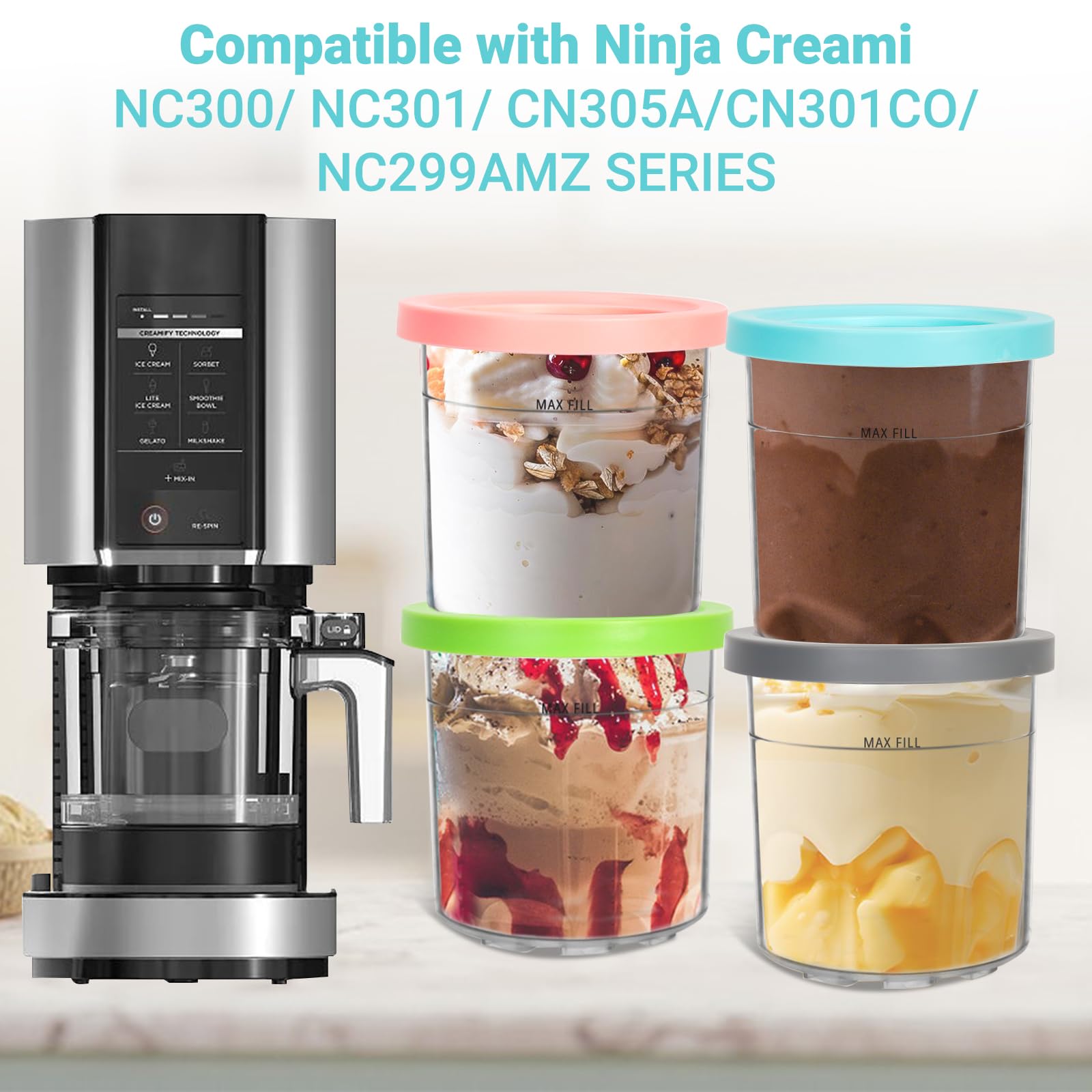 Ninja Creami Pints and Lids, 4 Pack Containers Replacement - 16 oz Cups Compatible with NC301 NC300 NC299AMZ NC290 Series Ice Cream Maker