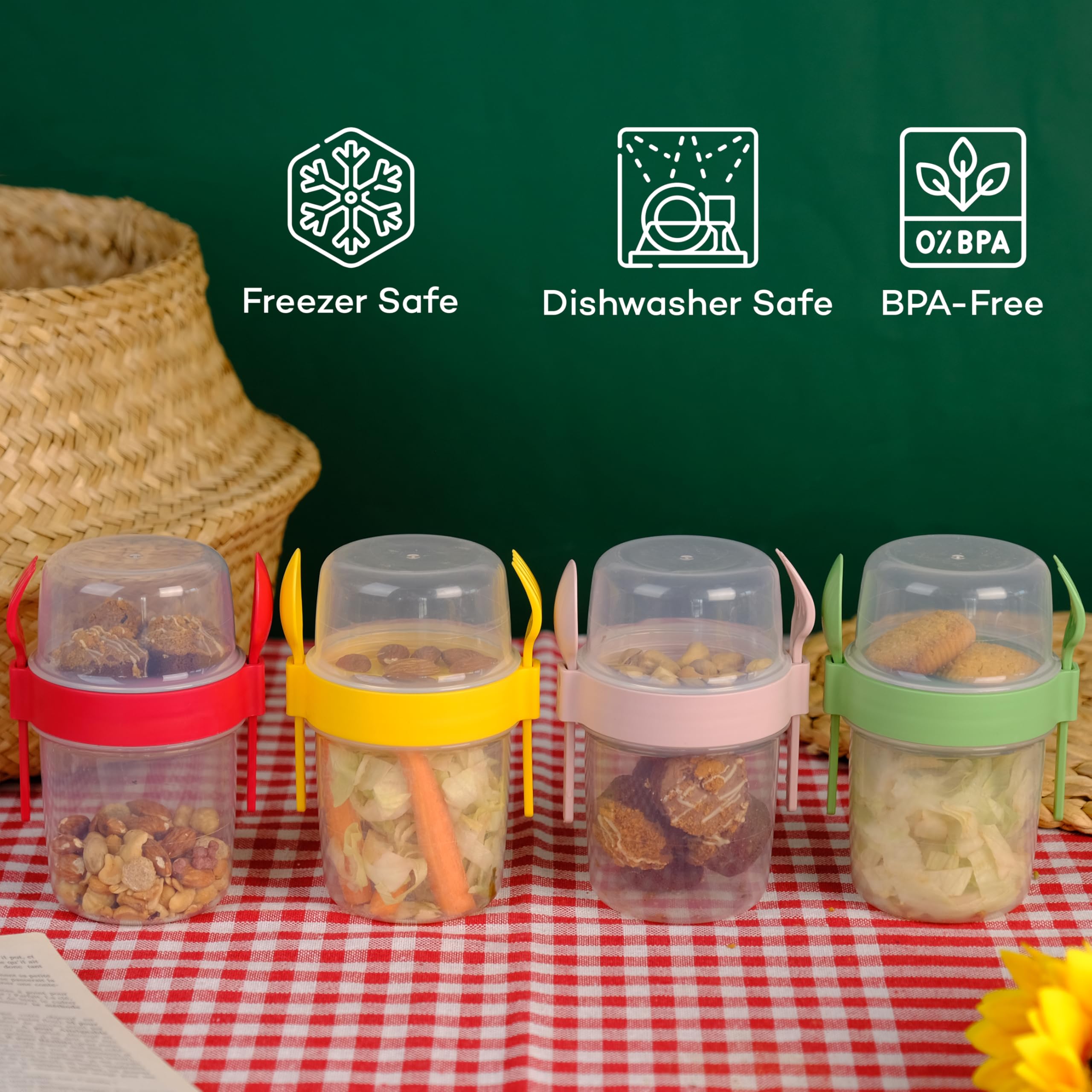Osier Blanc 4 Pack On The Go 21.9 oz Breakfast Cups with Lids and Spoon, Reusable Cereal Yogurt Cup with Topping Plastic Overnight Oats Container for Granola Oatmeal (21.9 oz - 4 Colors Set)