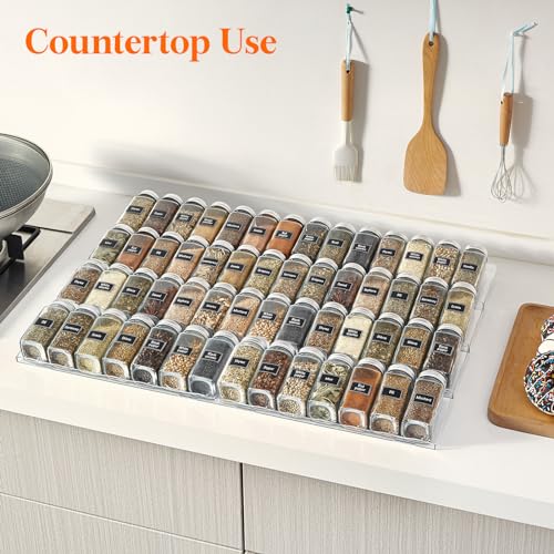 Lifewit Plastic Adjustable Spice Drawer Organizer, Expandable Spice Rack for Countertop, Jar Storage Tray for Condiment, Seasoning, Syrup,Liquor, Medicine for Kitchen, Pantry, Set of 8, Clear