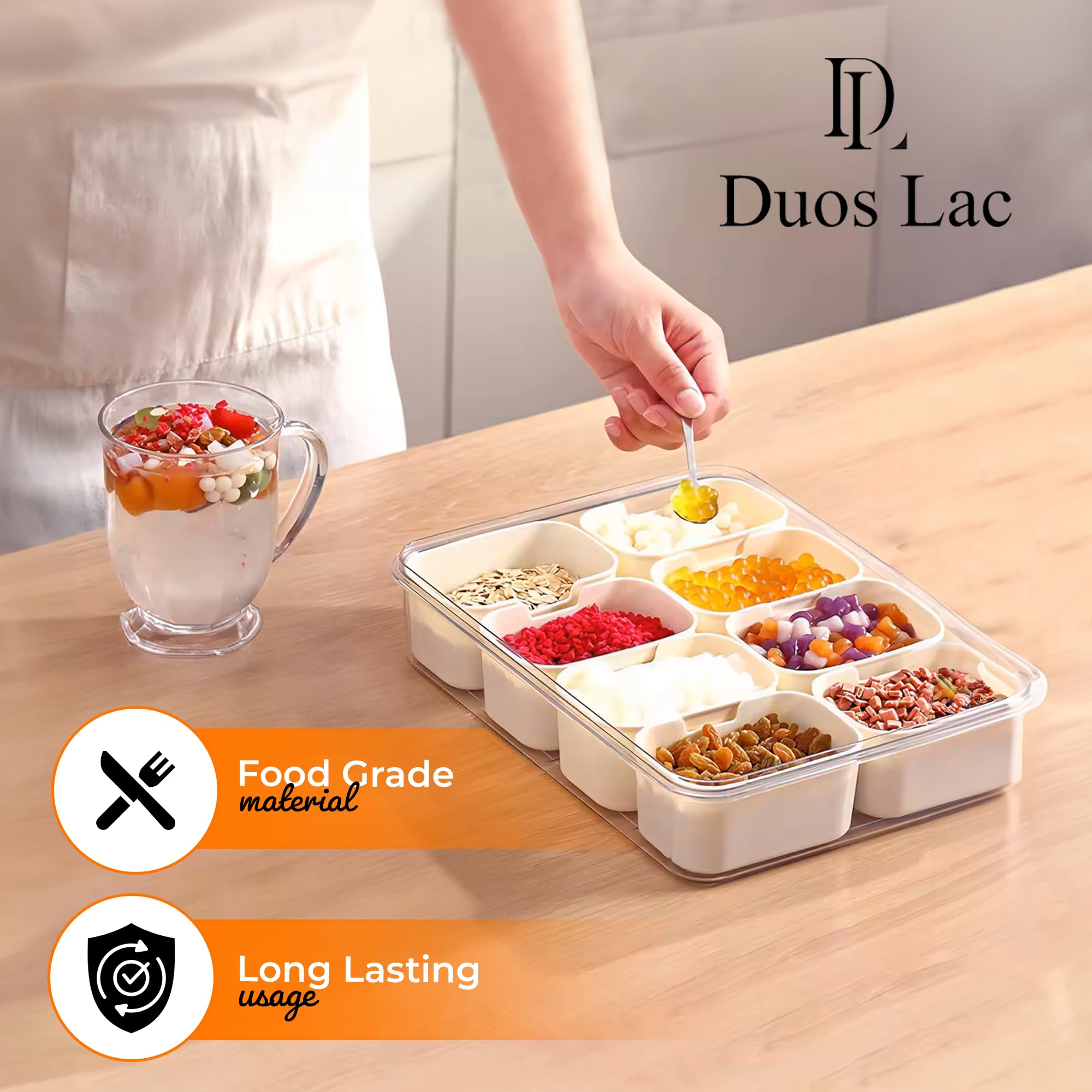 Divided Serving Tray with Lid & Handle, Portable Snackle Box, Storage Organizer - Charcuterie Container, with 8 Compartments & 4 Forks for Fruits, Veggies, Nuts, Snacks, Candy for Travel and Picnic