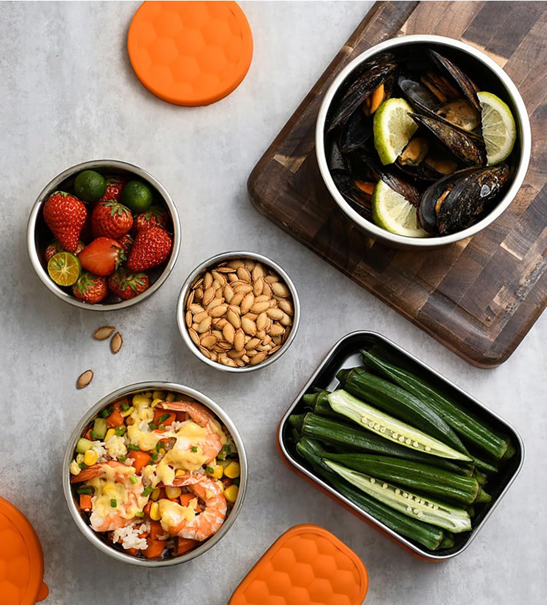 Stainless Steel Containers w/Lids, Set of 5 (3oz, 6oz, 12oz, 20oz, 30oz), Leak-proof Food Storage, Nesting Snack Organizer, Reusable Airtight Lunch Bento Box