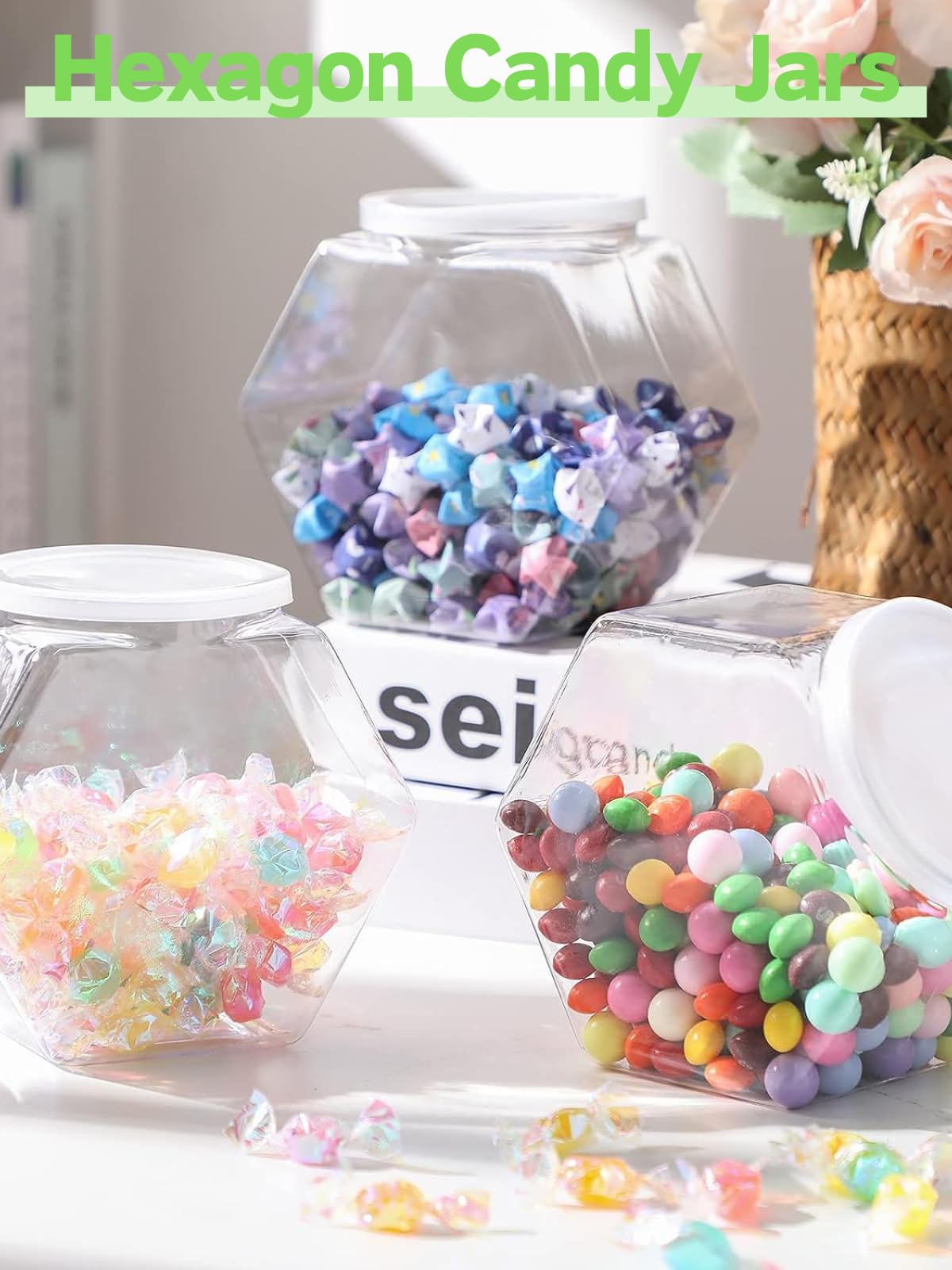 Glazeal 4pcs Large Candy Jar with Spoons, 72 OZ Hexagon Candy Jar Plastic Clear Cookie Jar with Lid for Candy Buffet, Kitchen Storage Containers Set