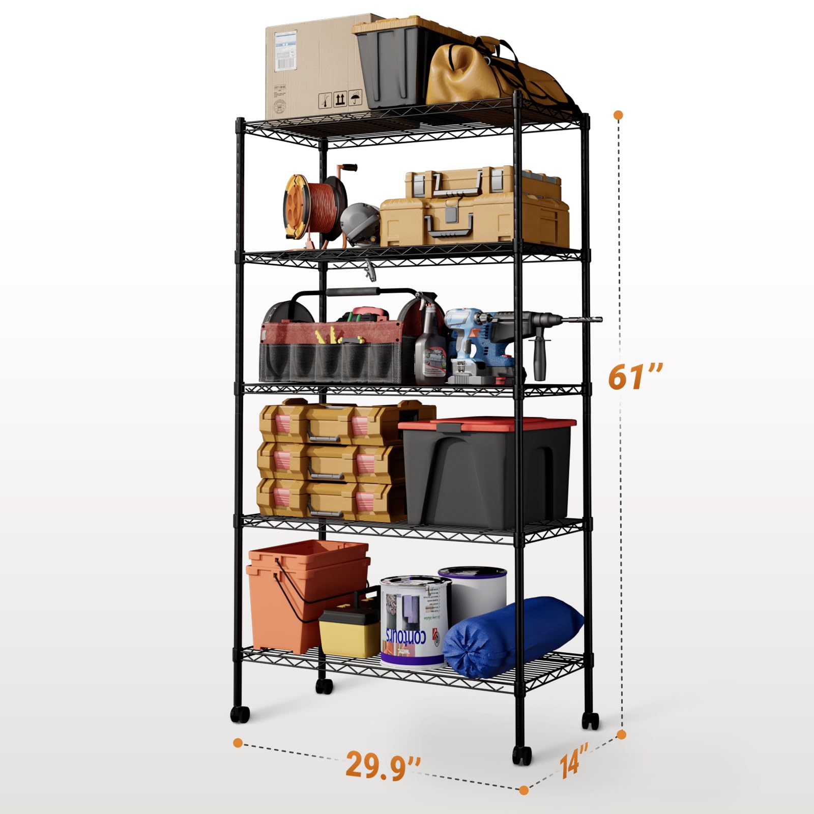 HealSmart Heavy Duty 5-Shelf Shelving Unit, 29" D x 14" W x 61" H, 5 Tier, Black
