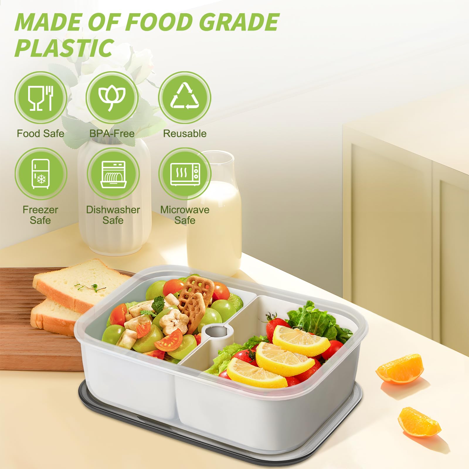 Veggie Trays with Lid, 2 Pack Meal Prep Containers, Food Storage Containers with Lids, 2 Removable Compartments Food Containers for Fruits/Vegetables/Snacks, Dishwasher Safe, BPA Free & Leak Proof