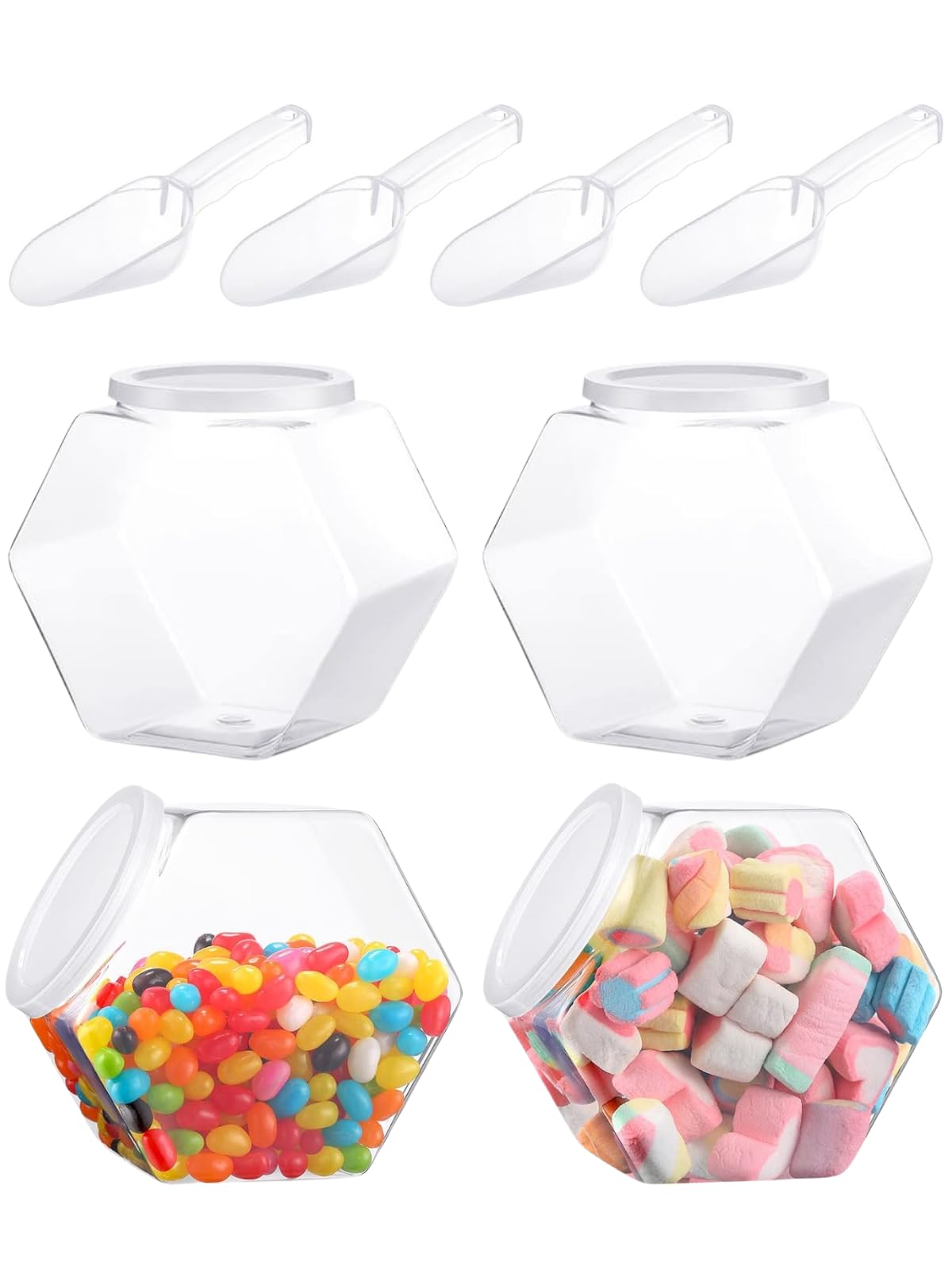 Glazeal 4pcs Large Candy Jar with Spoons, 72 OZ Hexagon Candy Jar Plastic Clear Cookie Jar with Lid for Candy Buffet, Kitchen Storage Containers Set
