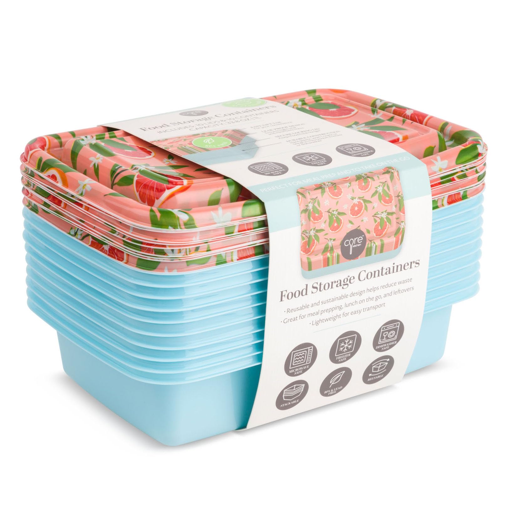 Core Home Ruby Grapefruit 33.8 Ounce Capacity, Food-Grade Safe BPA-Free Plastic Reusable Meal Prep Food Storage Containers, 10 Pack, 44794