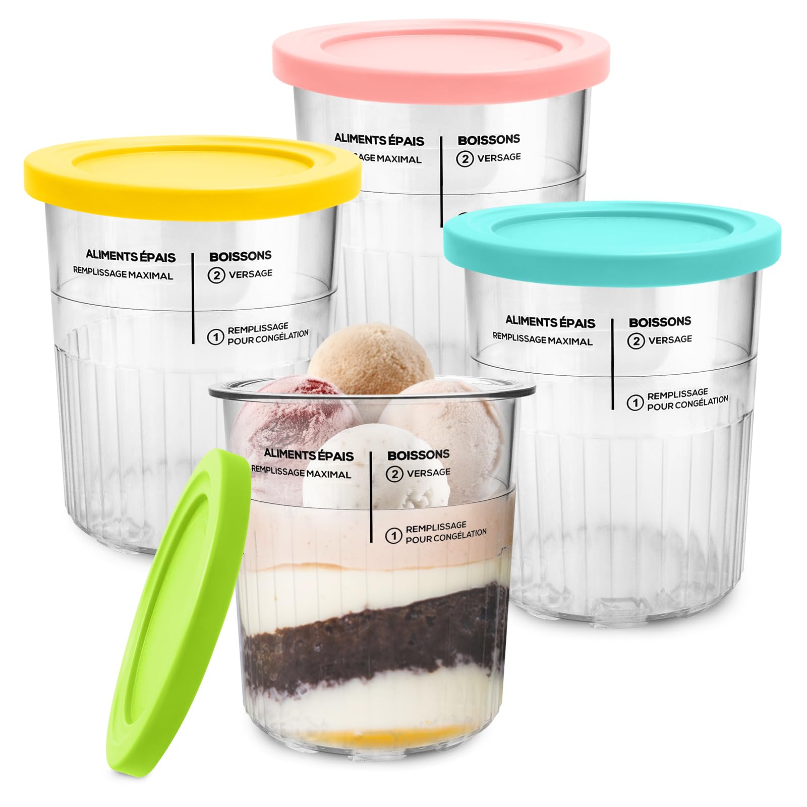 Ninja Creami Pints and Lids - 4 pack, Compatible with NC500 & NC501 Series, CREAMi Ice Cream Maker Cups, Ninja Creami Replacement Containers, BPA-Free & Dishwasher Safe (Yellow/Blue/Green/Pink)