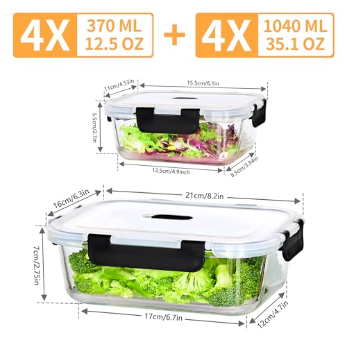 MVDHDT 16 Piece (8 Glass Containers and 8 Lids),12.5+35.1 OZ Black Glass Containers With Lids,Rectangles Meal Prep Containers Reusable Glass,for Microwave, Oven, Freezer and Dishwasher