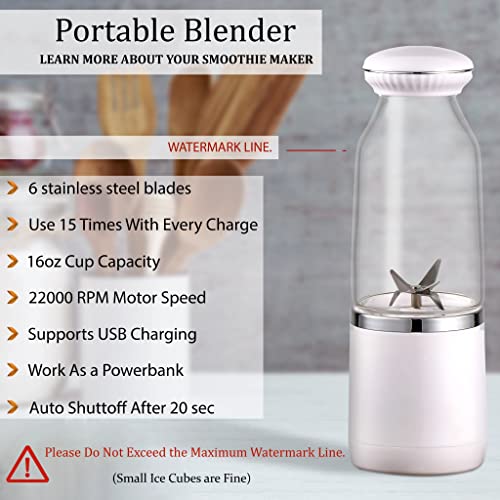 KP'S VARIETY Portable Blender Jet for Shakes and Smoothies, on the Go Blender 4000mAh USB Rechargeable Battery with 6 Blades, fresh juice blender bottle, 16 OZ Mini Personal Blender Cup for Traveling (White)
