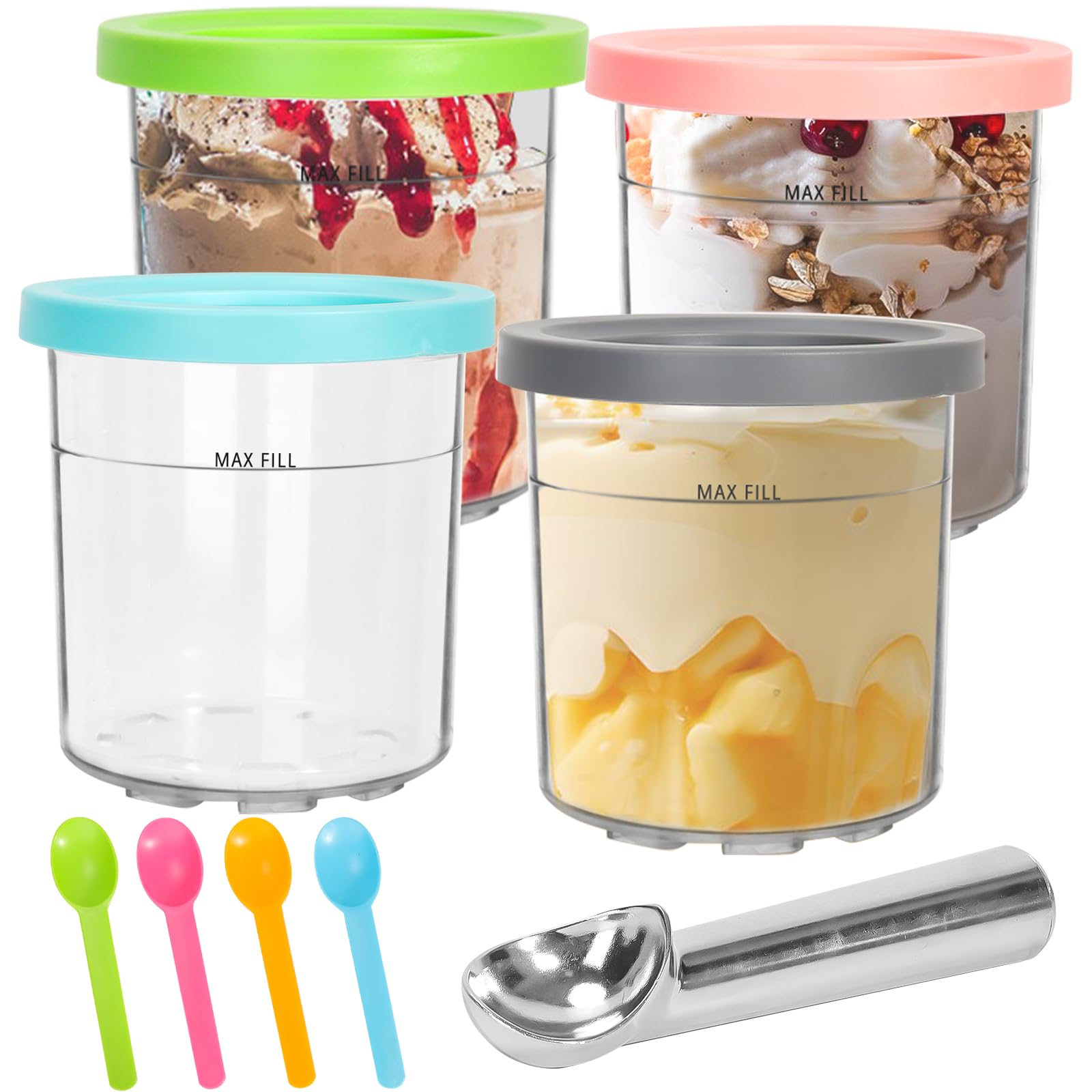 Ninja Creami Pints and Lids, 4 Pack Containers Replacement - 16 oz Cups Compatible with NC301 NC300 NC299AMZ NC290 Series Ice Cream Maker