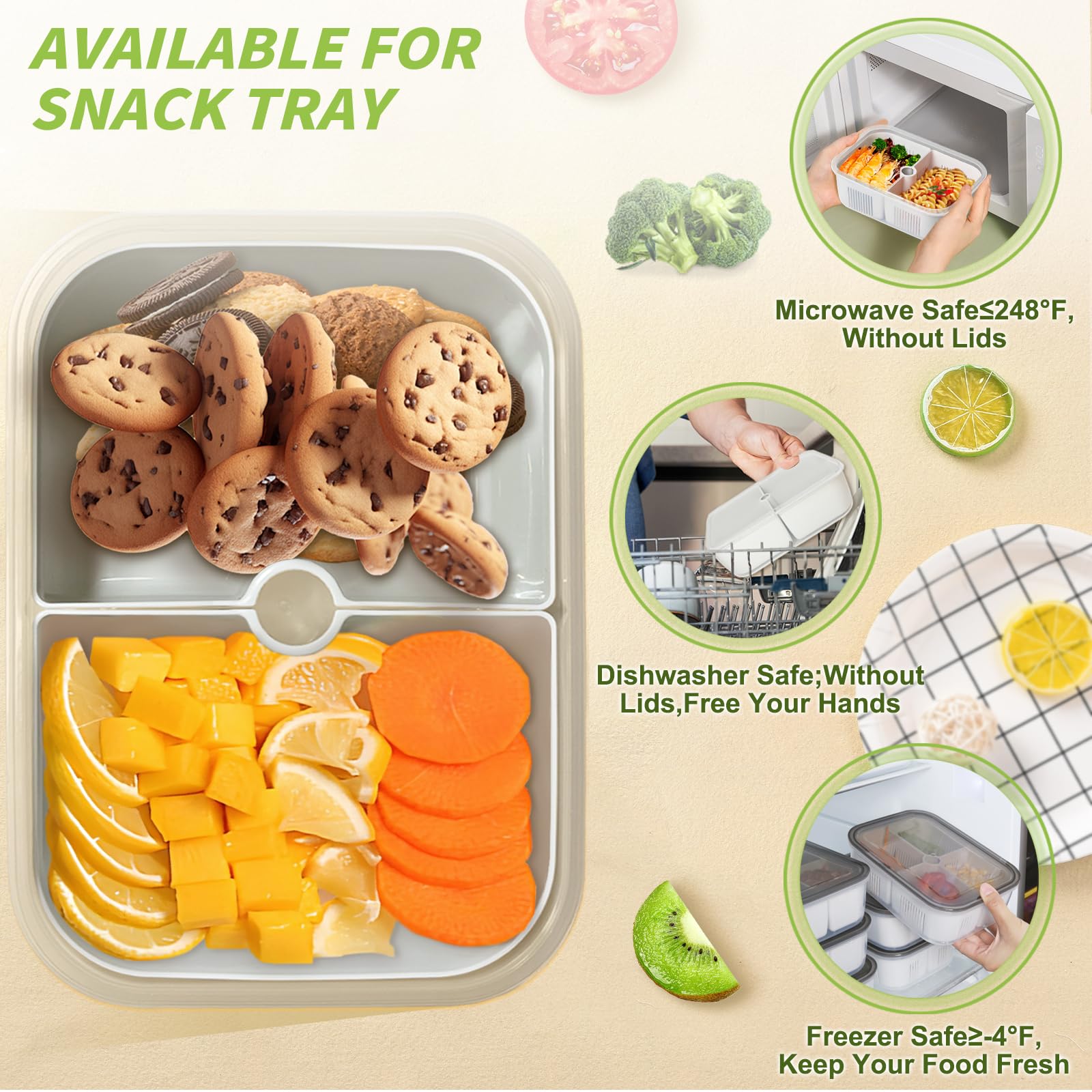 Veggie Trays with Lid, 2 Pack Meal Prep Containers, Food Storage Containers with Lids, 2 Removable Compartments Food Containers for Fruits/Vegetables/Snacks, Dishwasher Safe, BPA Free & Leak Proof