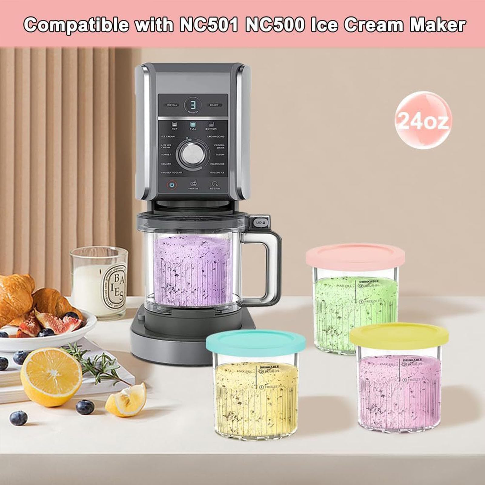 W U Y U E C A T 4-Piece Ninja Creami Pints and Lids, Ice Cream Containers for Ninja Deluxe Ice Cream Maker