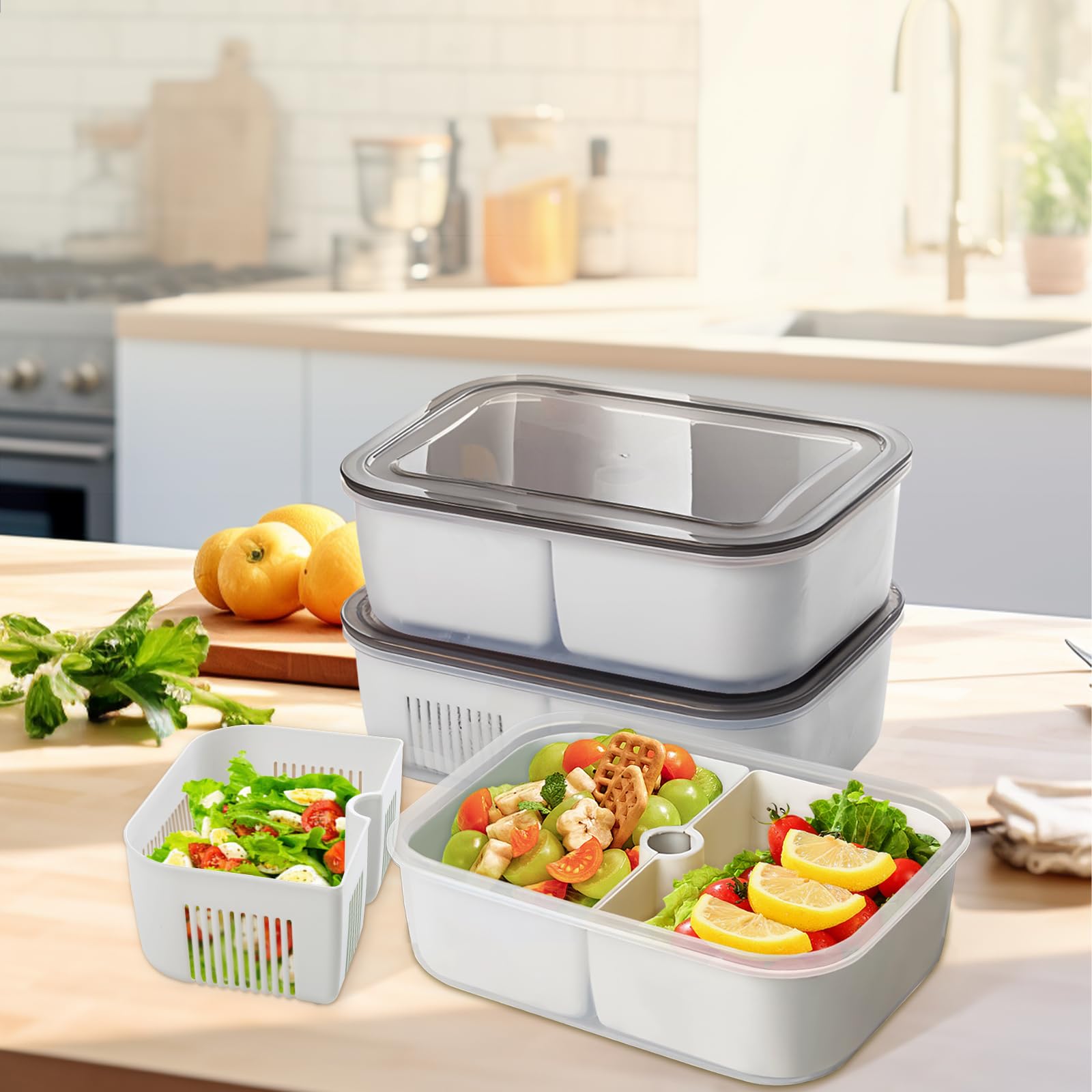 Veggie Trays with Lid, 2 Pack Meal Prep Containers, Food Storage Containers with Lids, 2 Removable Compartments Food Containers for Fruits/Vegetables/Snacks, Dishwasher Safe, BPA Free & Leak Proof