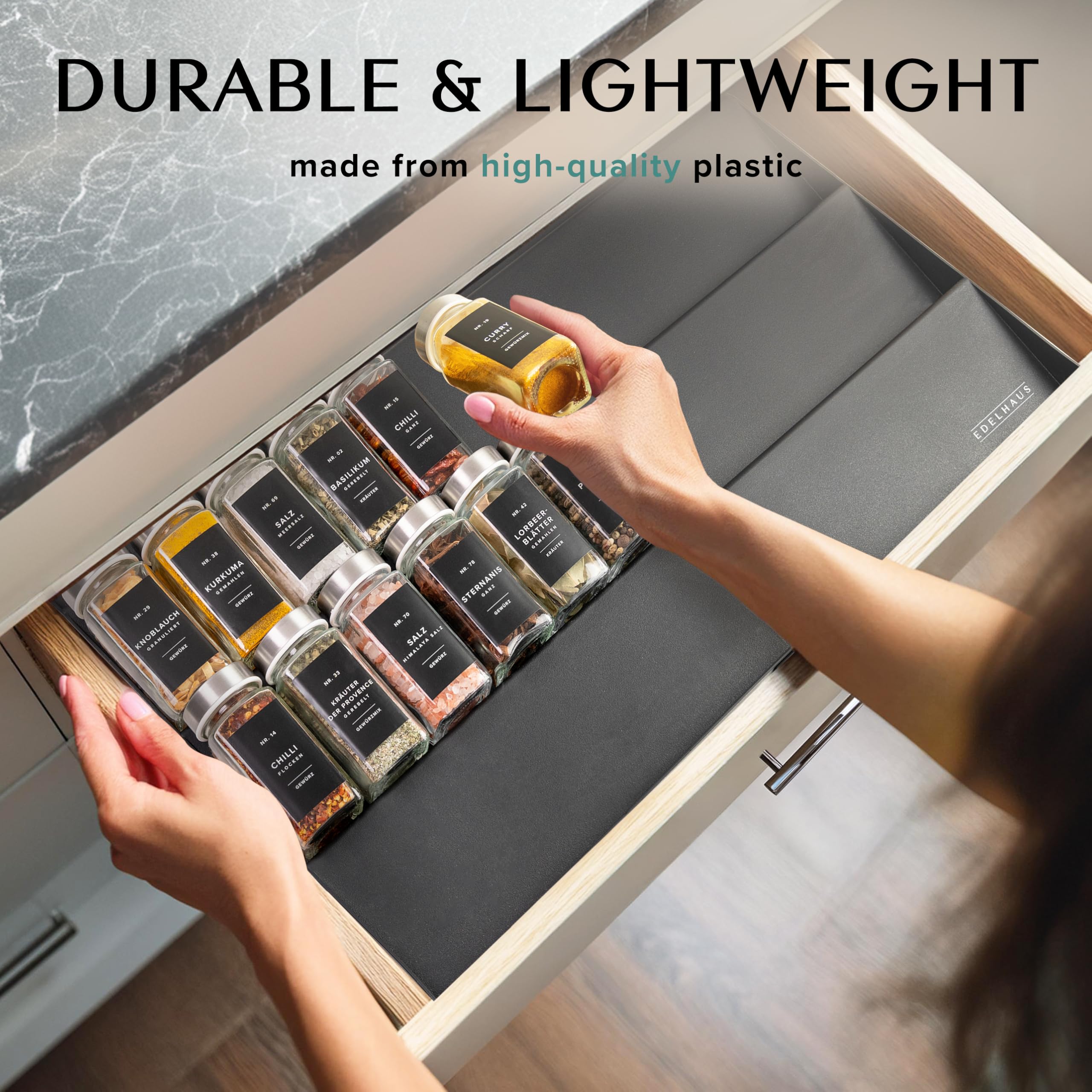 EDELHAUS Spice Drawer Organizer - Expandable Spice Rack for Drawer, Black Seasoning Organizer for Drawer Spice Organizer, Spice Organization Seasoning rack insert for Cabinet (Jars Not Included)