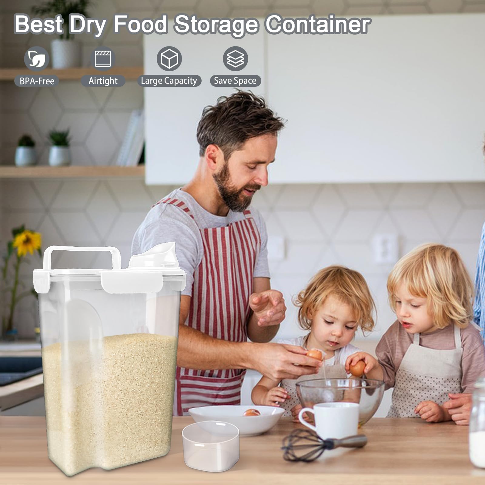 Komzon Rice Storage Container 10lb, Airtight Dry Food Cereal Containers Storage, BPA Free Rice dispenser with Pouring Spout Portable Handle for Flour Pasta Grain and Baking Pet Dog Cat Food Container